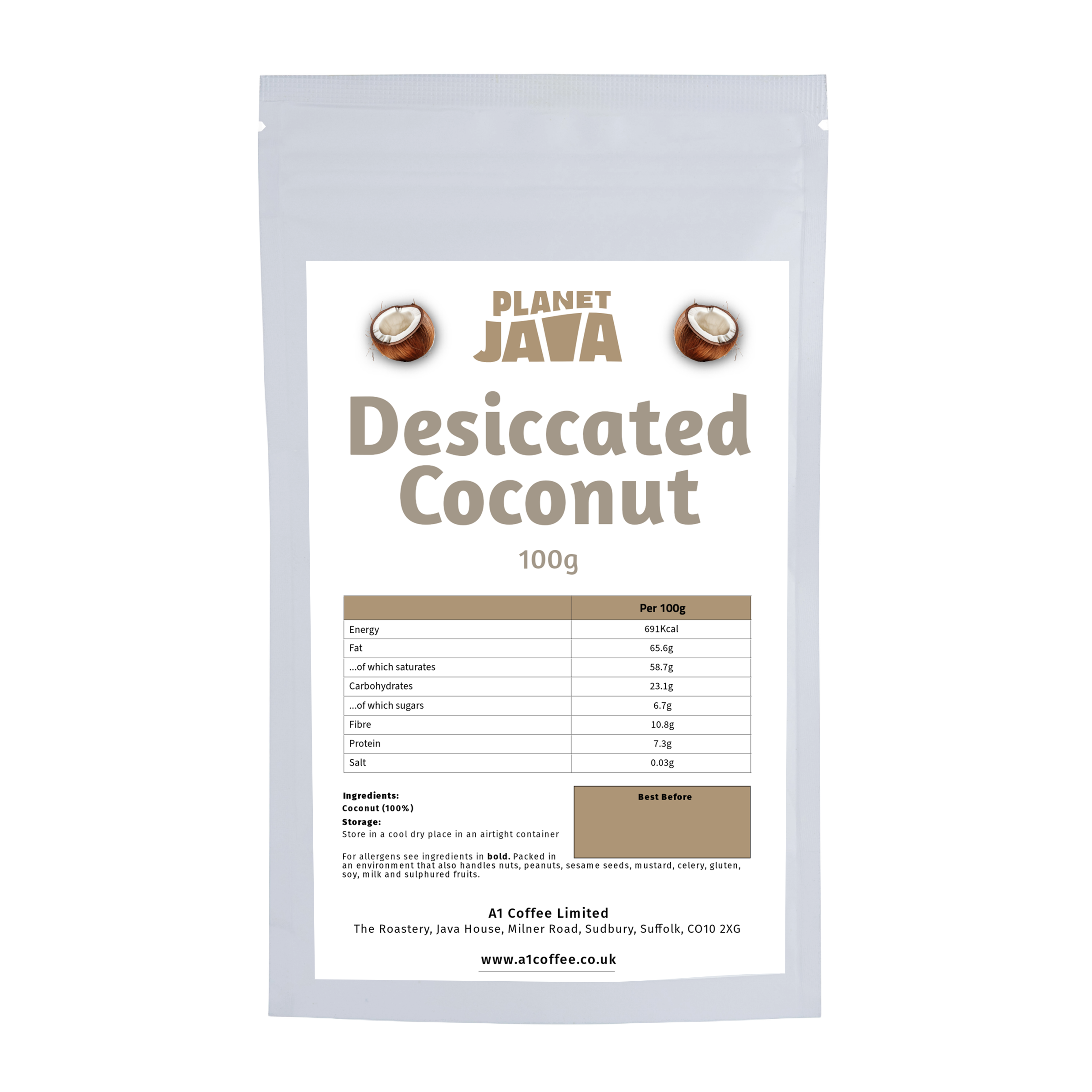 Planet Java Desiccated Coconut | 100g Resealable Pouch – A1 Coffee