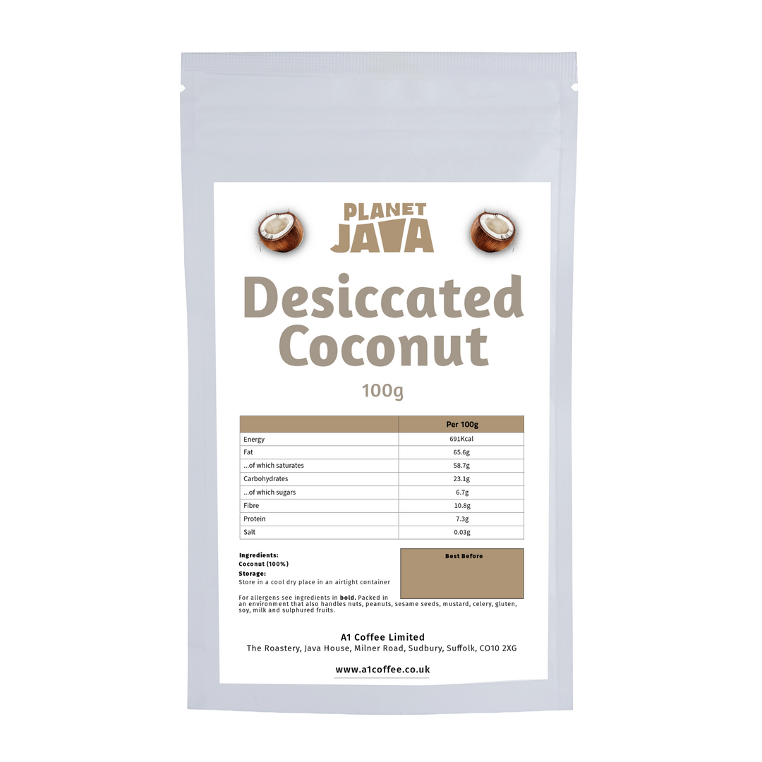 Planet Java Desiccated Coconut | 100g Resealable Pouch – A1 Coffee